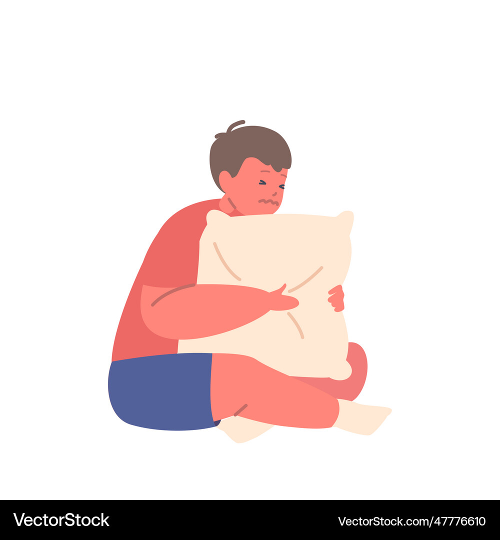 Scared child boy character hug pillow providing Vector Image