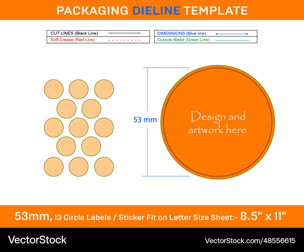 13pcs 53 mm circle label sticker dieline template Vector Image