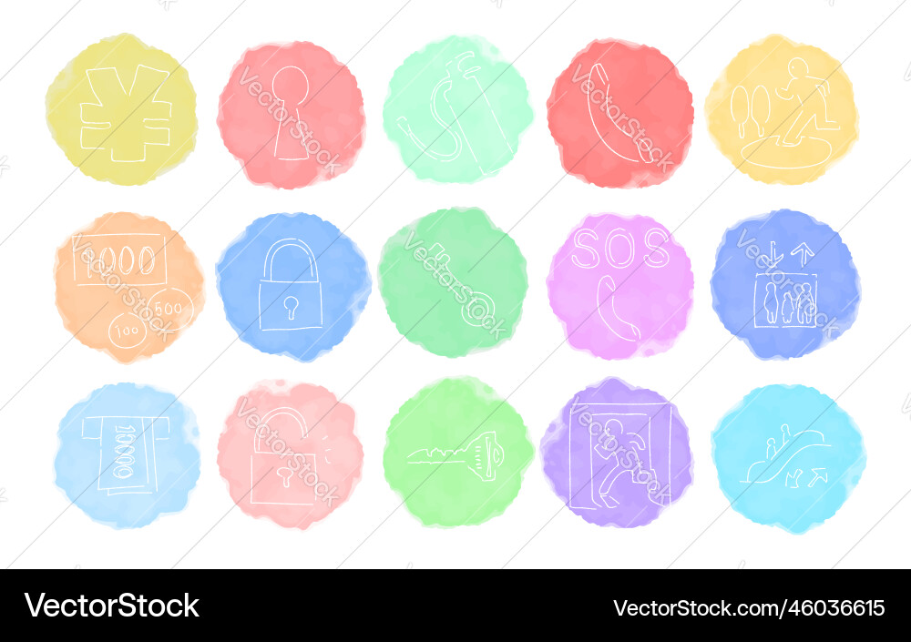 Rough handwritten watercolor style icon set Vector Image