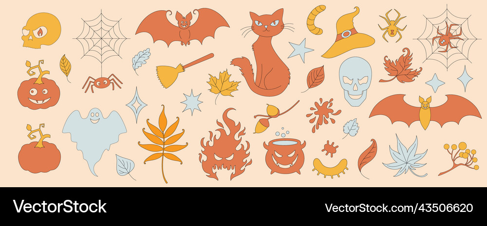 Pumpkin spider skull web bat cat hat Royalty Free Vector