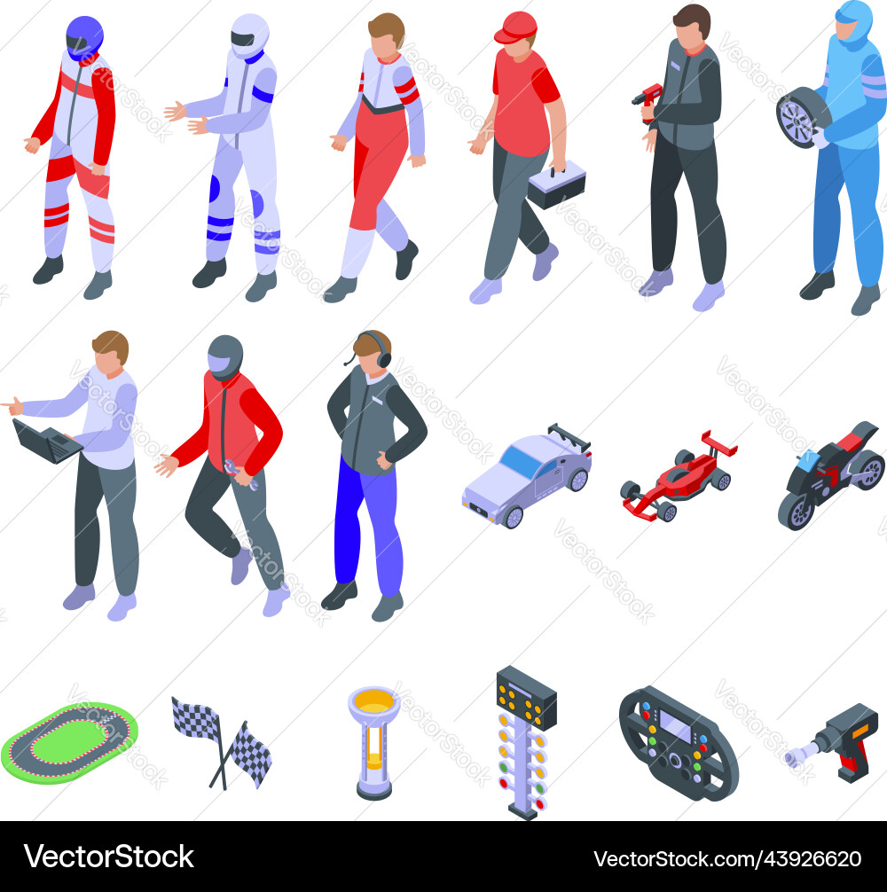 Racing team icons set isometric stop car Vector Image