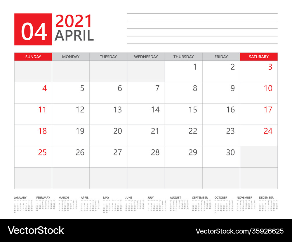 April 2021 calendar planner set for template Vector Image
