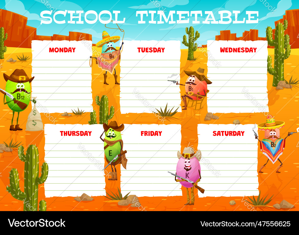 Education timetable schedule vitamin cowboys Vector Image