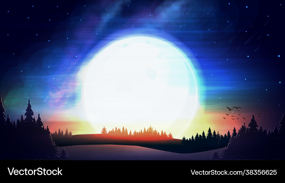Evening landscape with large sun on blue starry Vector Image