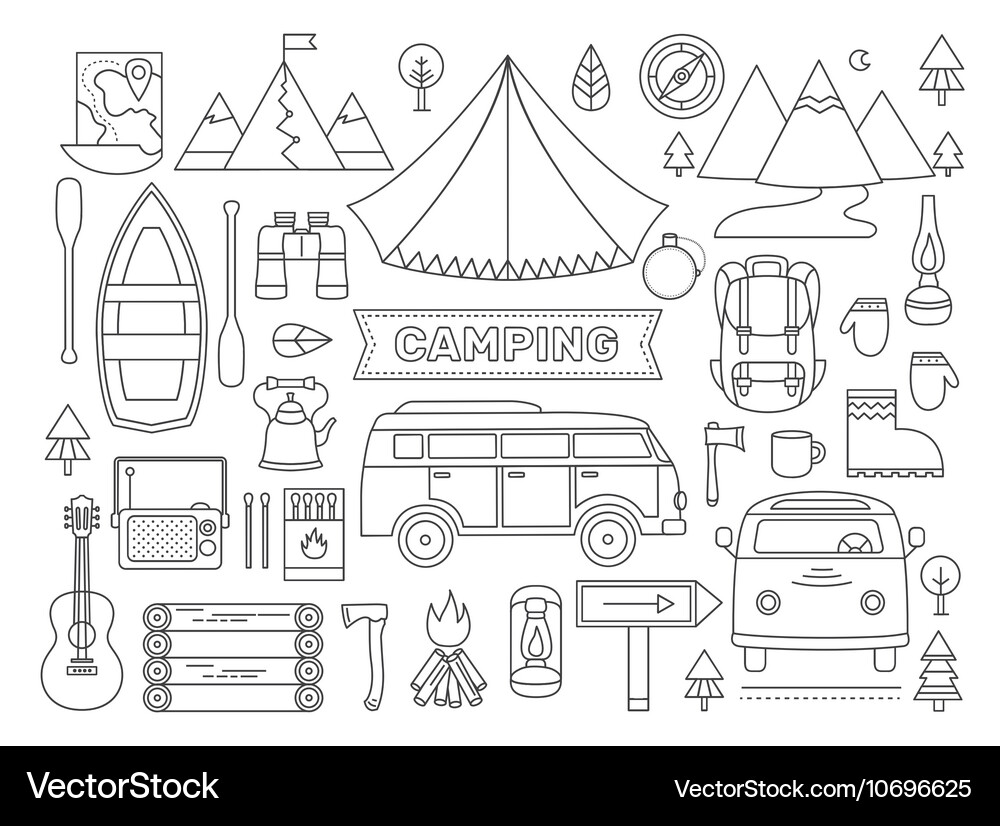 Line icons set of camping Royalty Free Vector Image