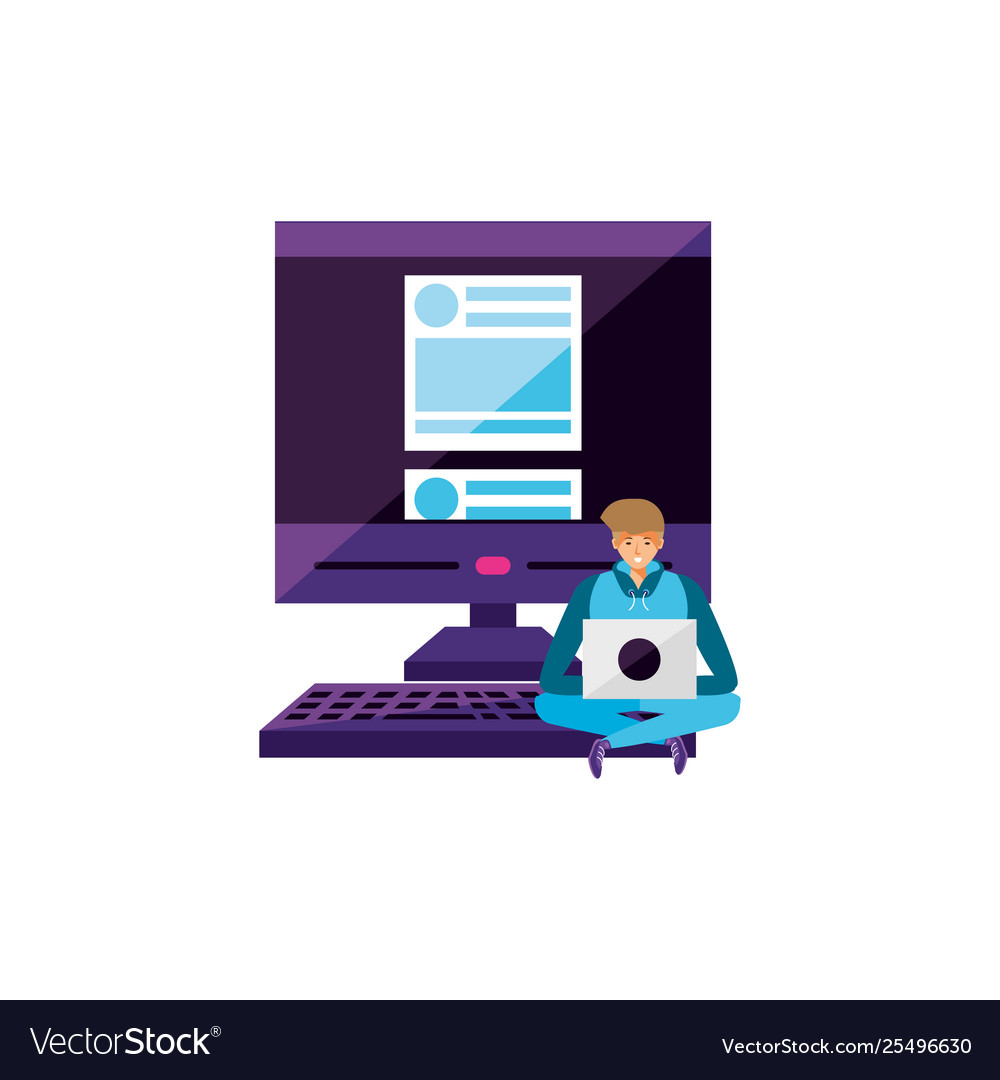 Young man using laptop computer with desktop Vector Image