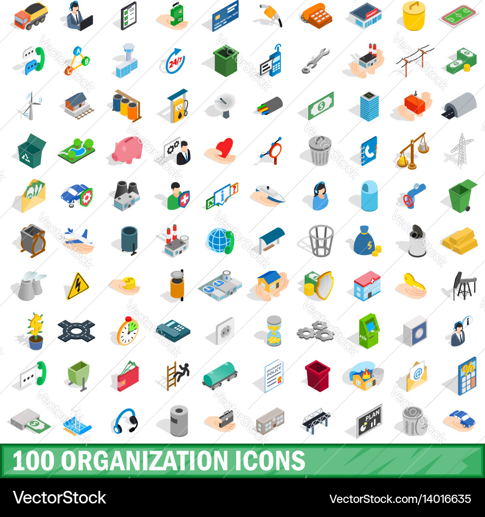 100 organization icons set isometric 3d style Vector Image