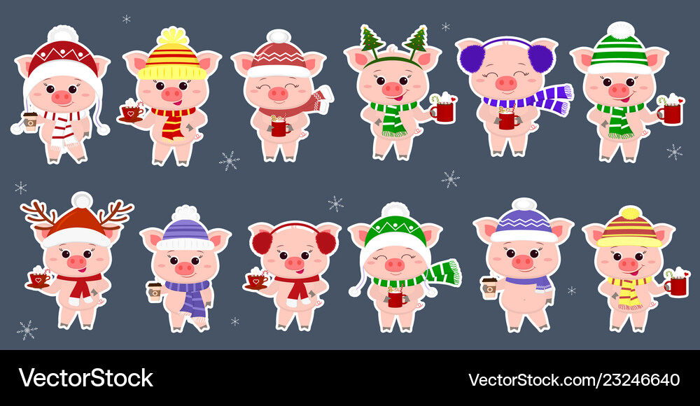 A set twelve stickers with pigs in different Vector Image
