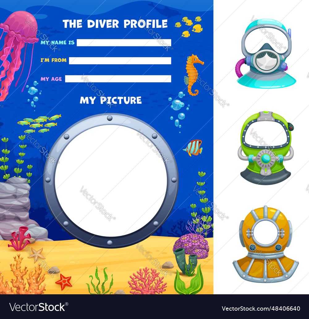 Frogman or diver profile form kids information Vector Image Frogman or diver profile form kids information Vector Image