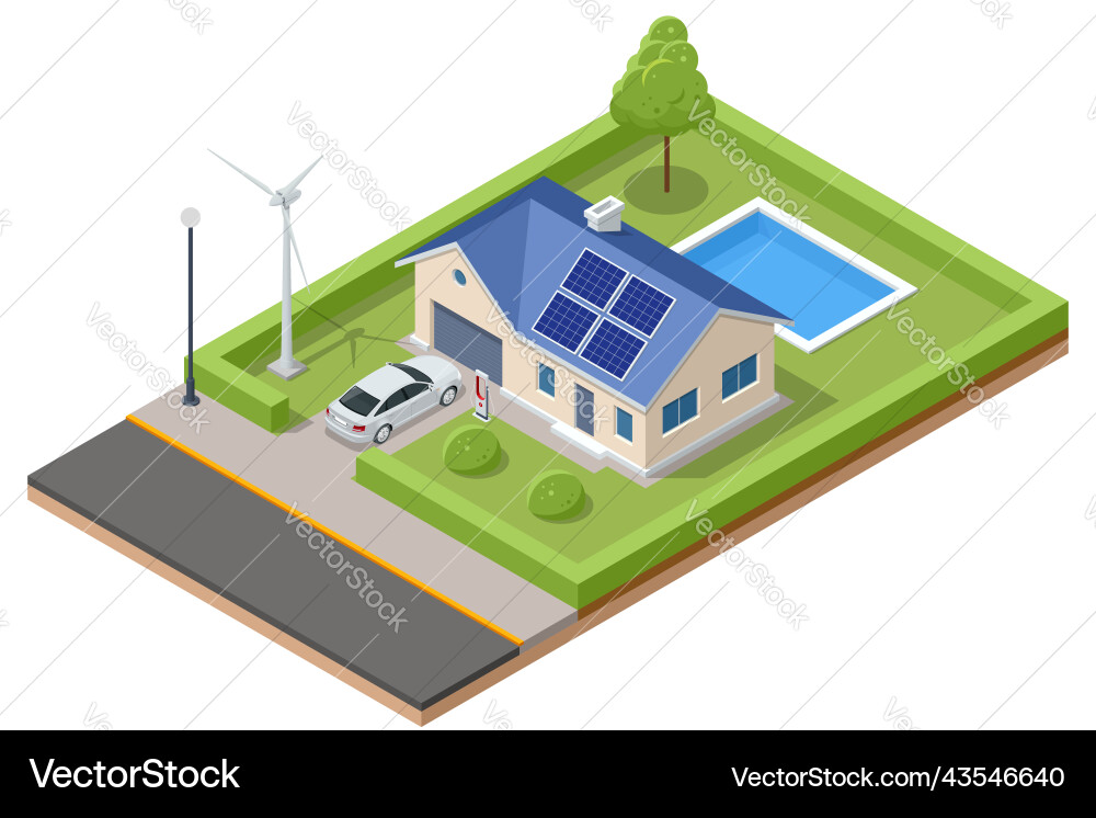Isometric modern house with solar panels and wind Vector Image