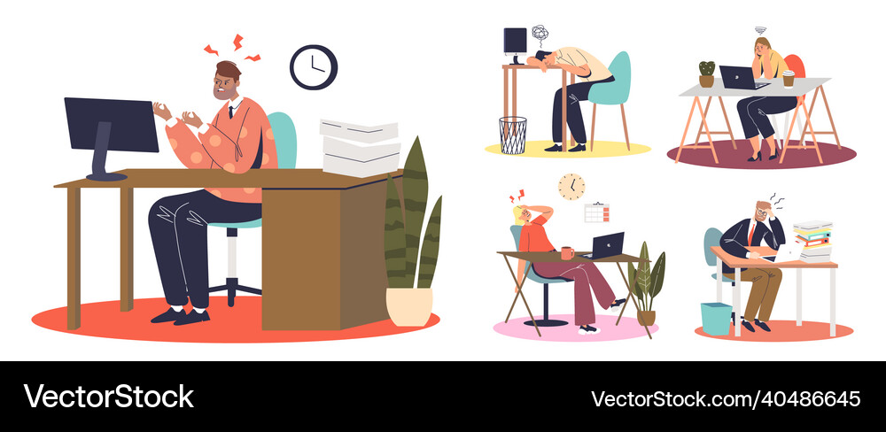 Set of workers suffer from stress at work Vector Image