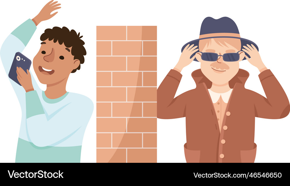 Espionage with man private detective hiding behind
