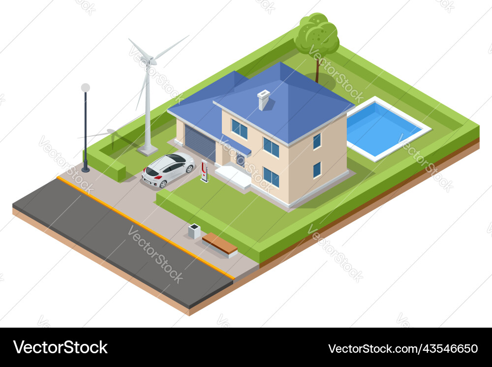 Isometric modern house with solar panels and wind Vector Image