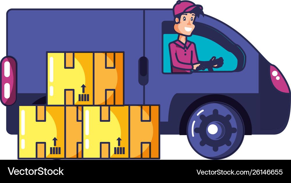 Worker delivery service with van vehicle and boxes