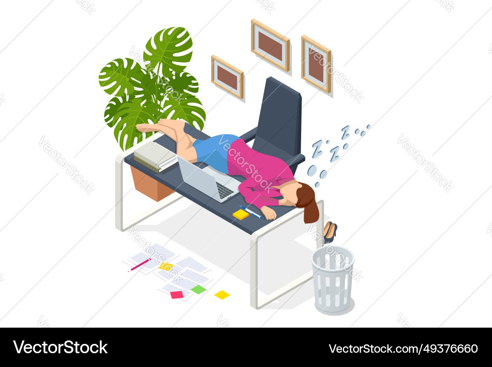 Isometric tired overworked employee sleeping in Vector Image