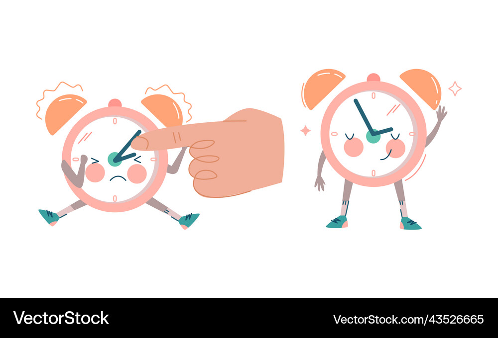 Funny clock character waving hand and smiling Vector Image