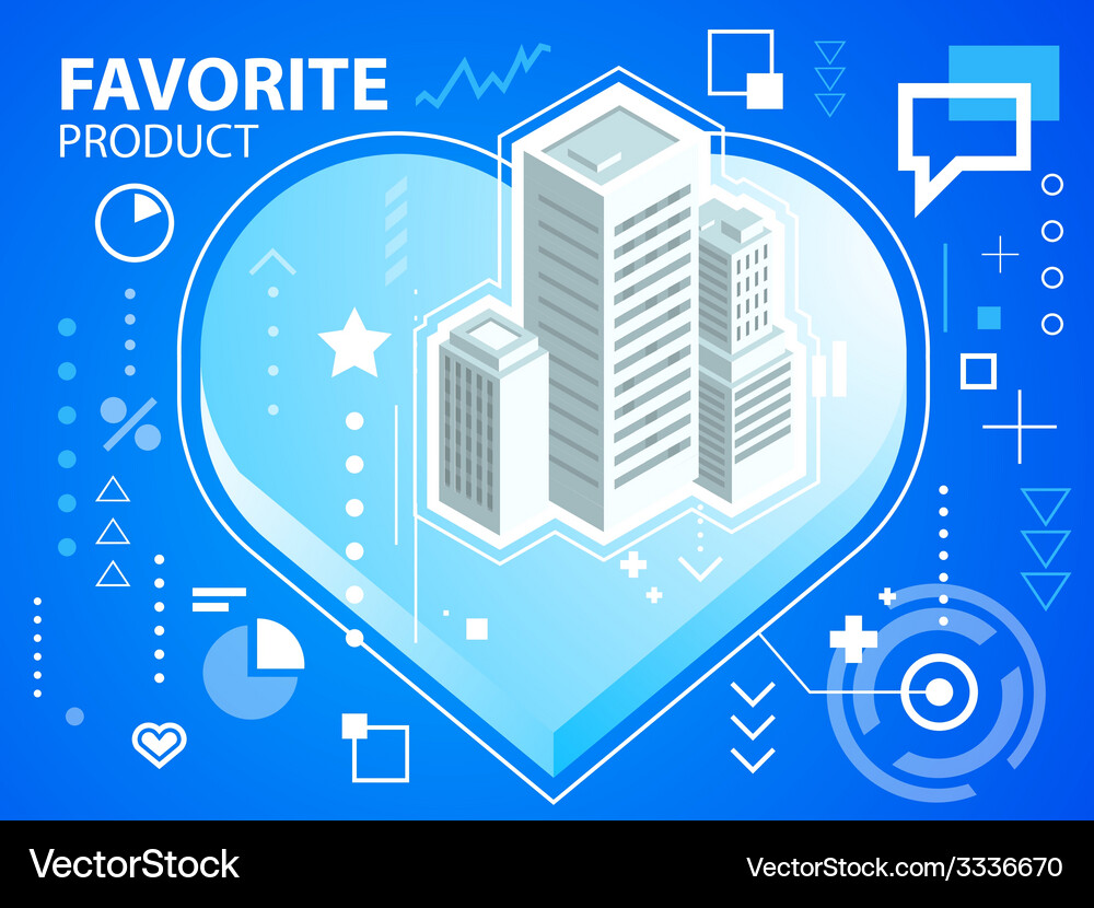 Bright heart and buildings on blue background Vector Image