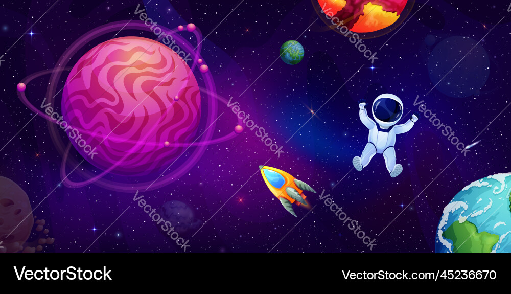 Cartoon astronaut in outer space in starry galaxy Vector Image