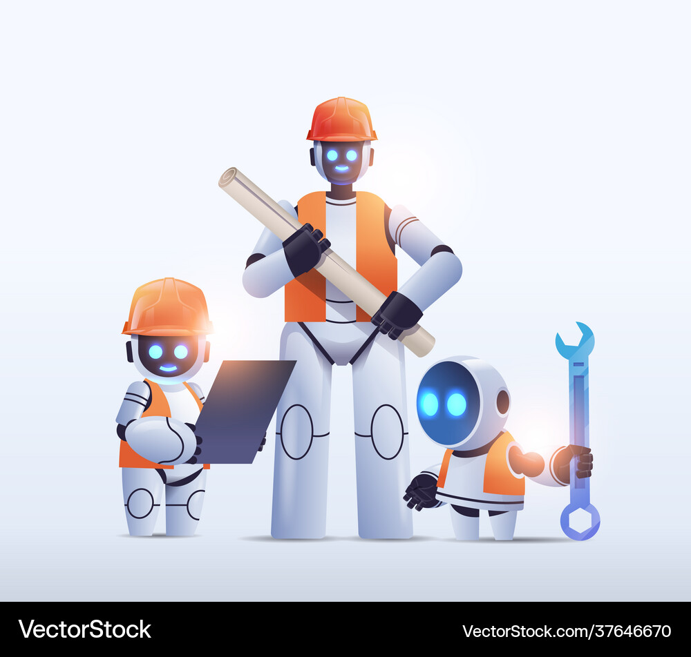 Robots engineers holding construction drawings Vector Image