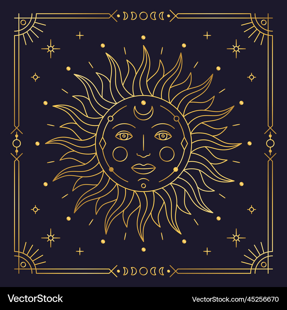 Sun mystical golden stylized boho chic sign Vector Image