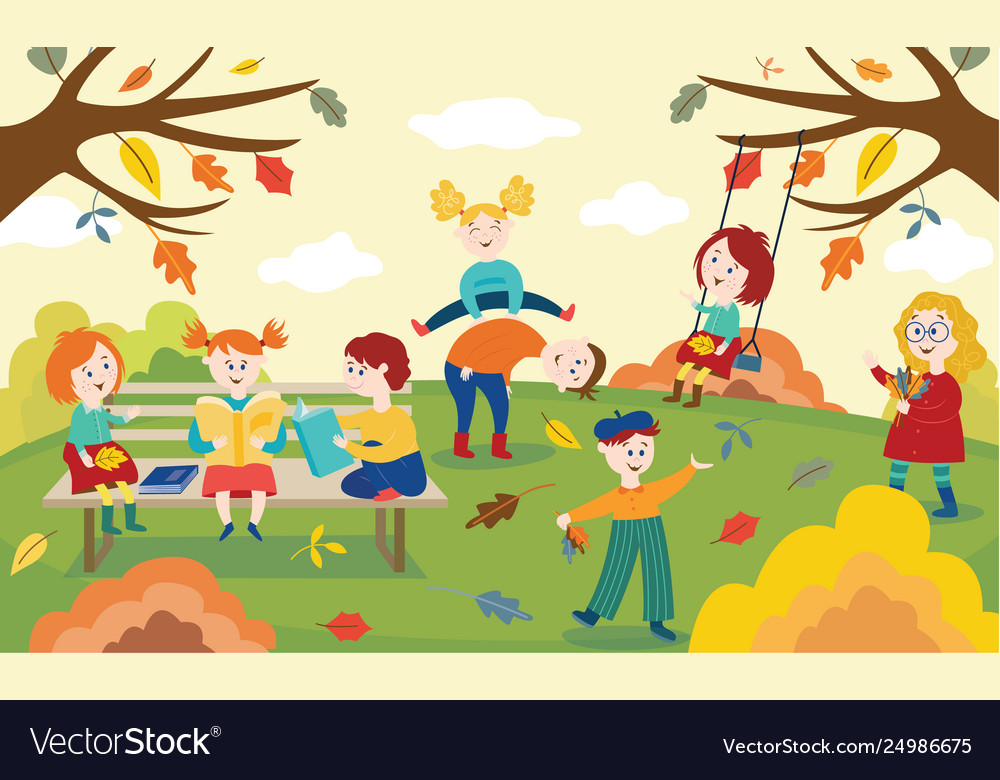 Cheerful children playing jumping and reading Vector Image Cheerful children playing jumping and reading Vector Image