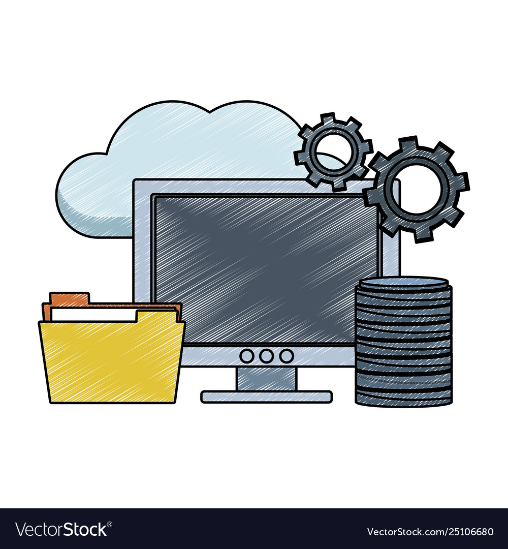 Computer with folder in cloud scribble Royalty Free Vector