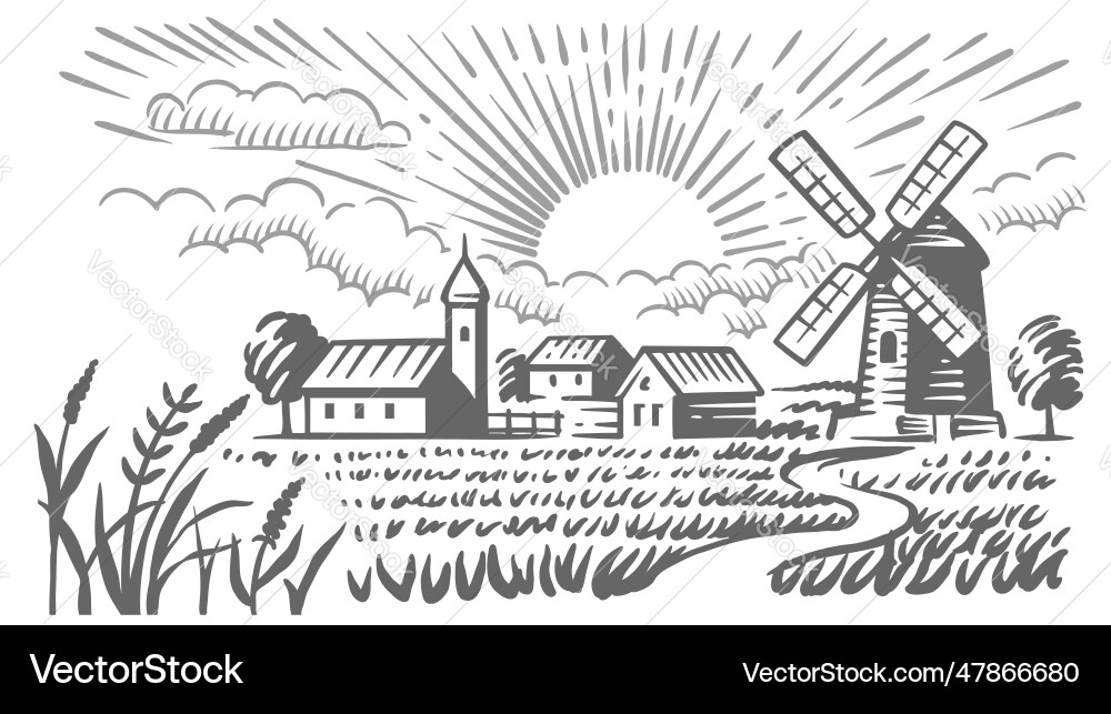 Old mill and field village Royalty Free Vector Image
