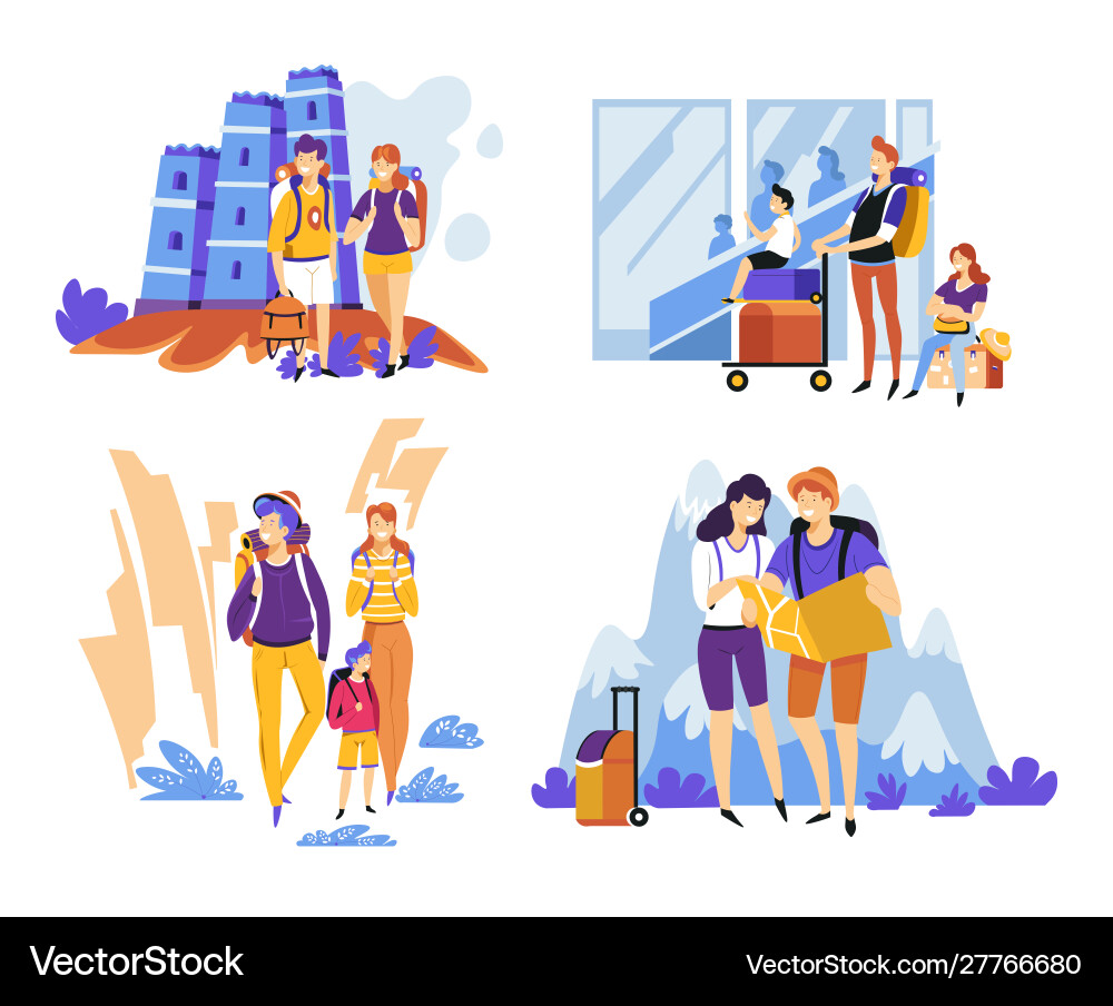 Parents with kid travelling and backpacking Vector Image