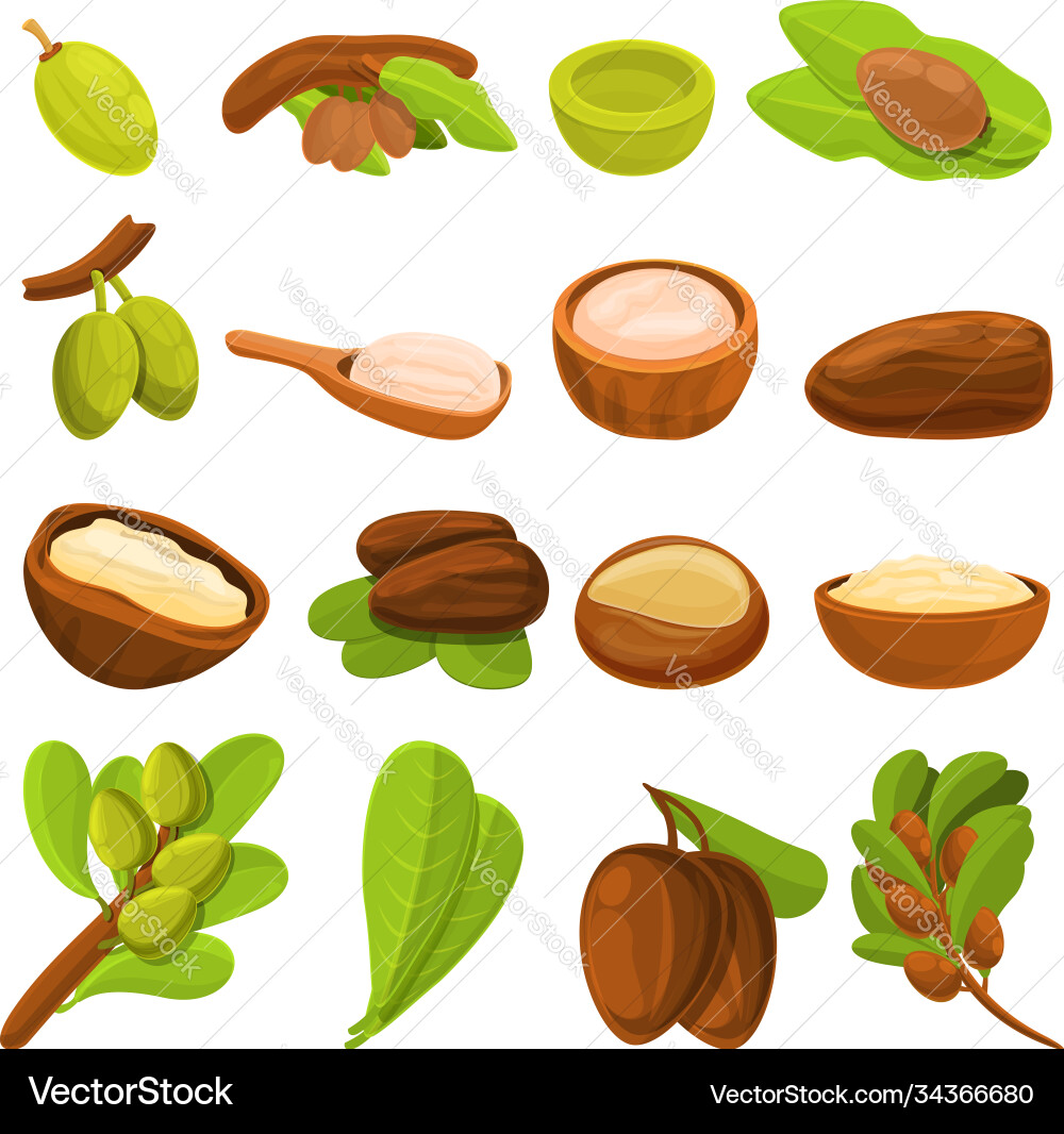 Shea tree icons set cartoon style Royalty Free Vector Image
