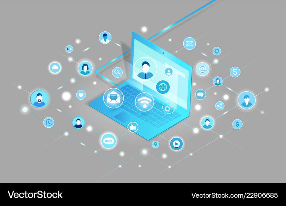 Laptop with isolated icons set Royalty Free Vector Image