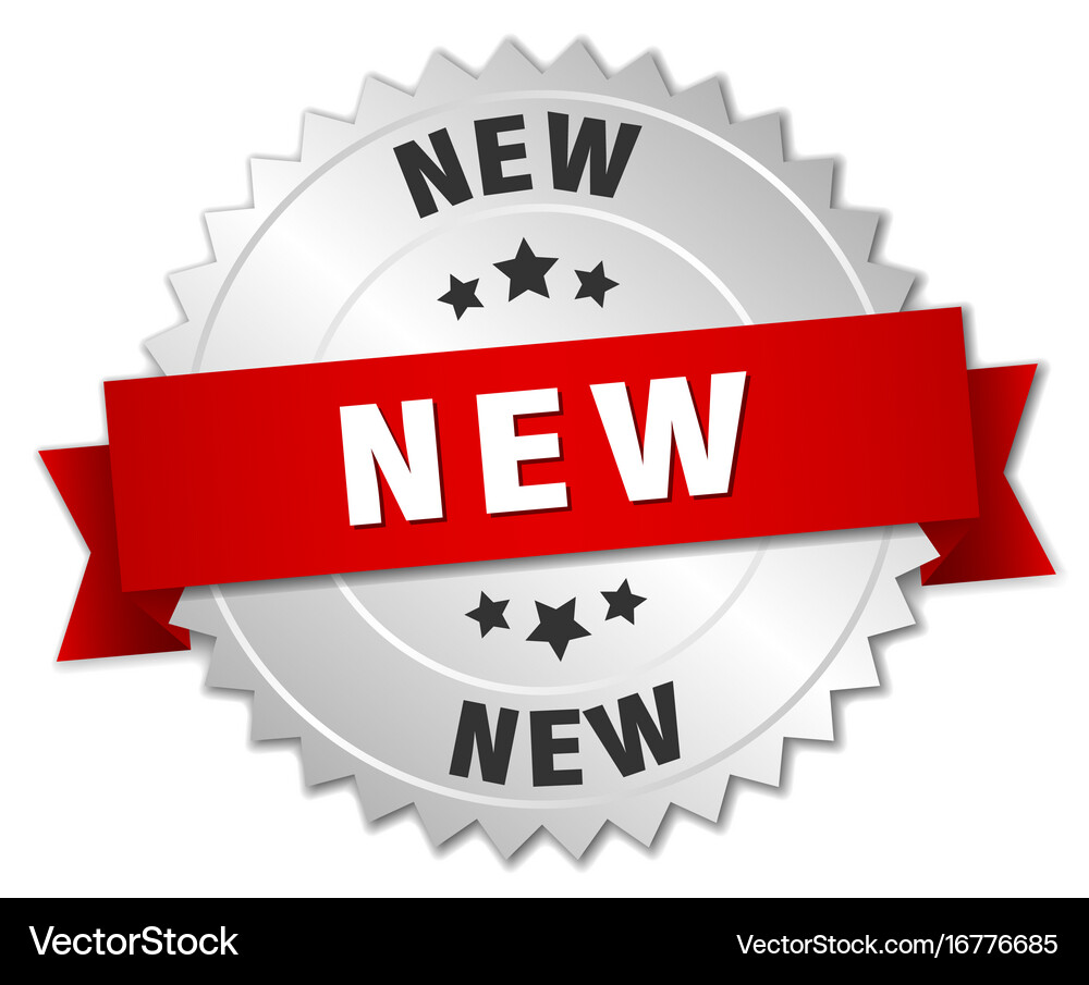 New 3d silver badge with red ribbon Royalty Free Vector