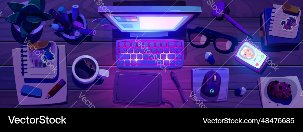 Top view of designer workspace at night Royalty Free Vector