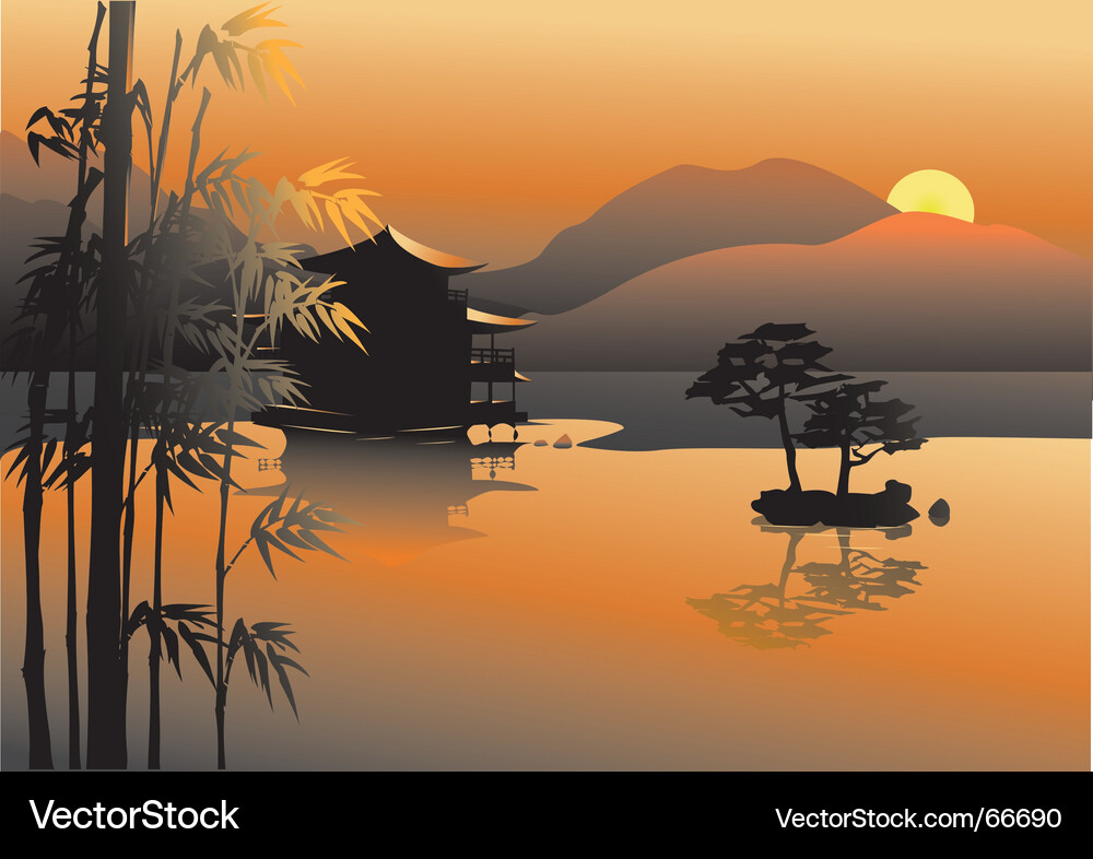 Asian Sunset Lake Royalty Free Vector Image - VectorStock