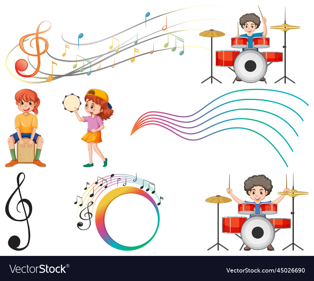 Kids musical instruments and music symbols set Vector Image