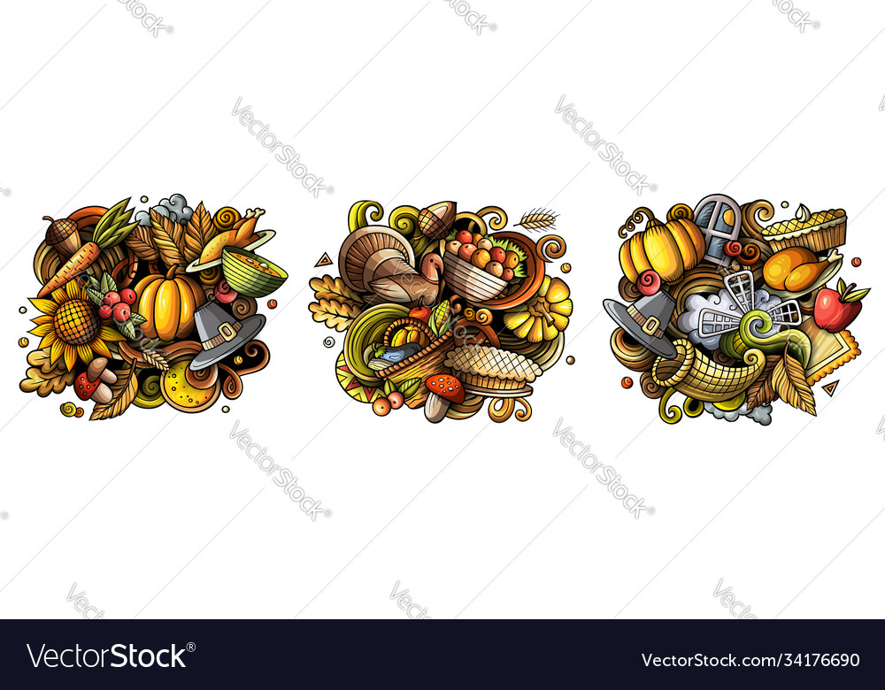 Thanksgiving cartoon doodle designs set Royalty Free Vector