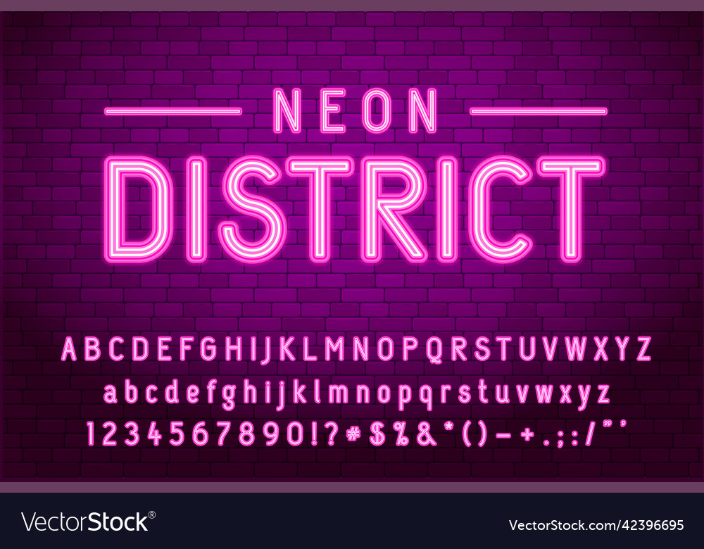 Bright neon alphabet letters numbers and symbols Vector Image