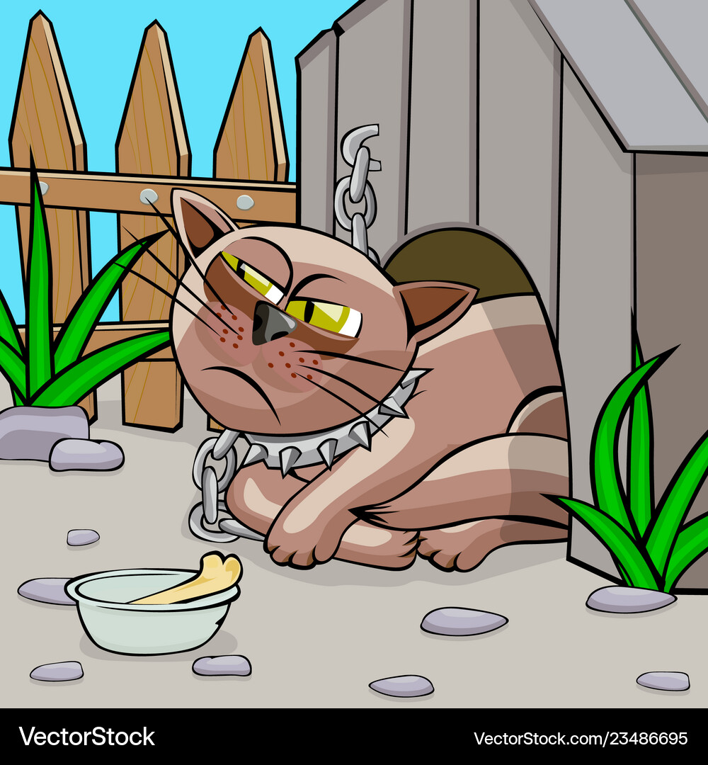 Cat sits on chain in doghouse Royalty Free Vector Image