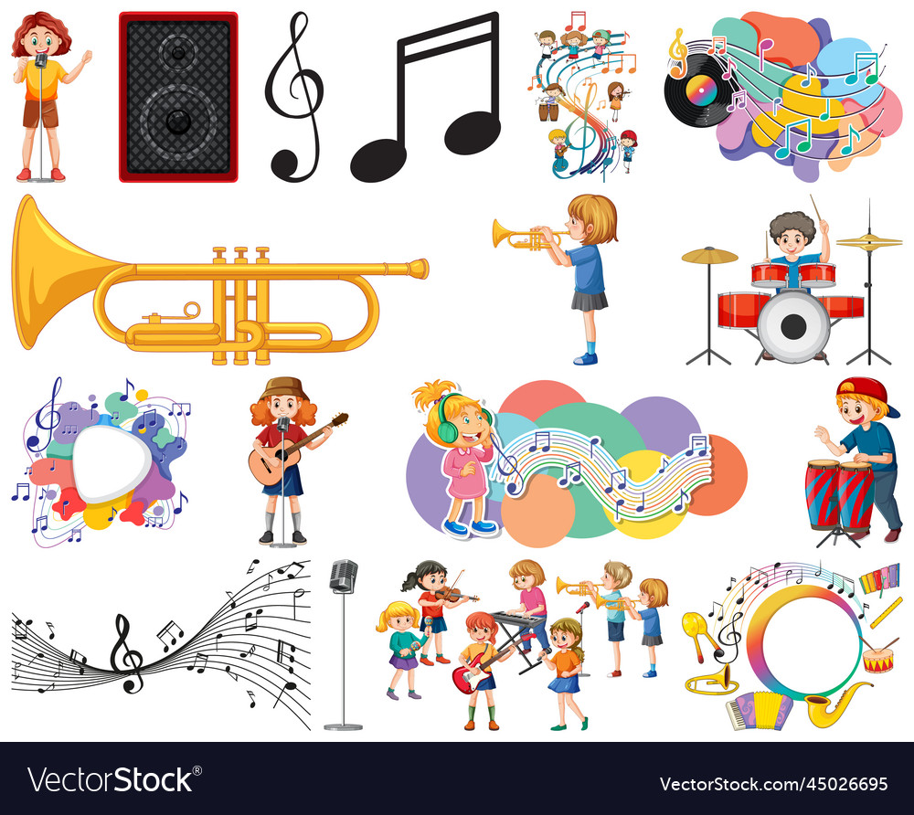 Kids musical instruments and music symbols set Vector Image