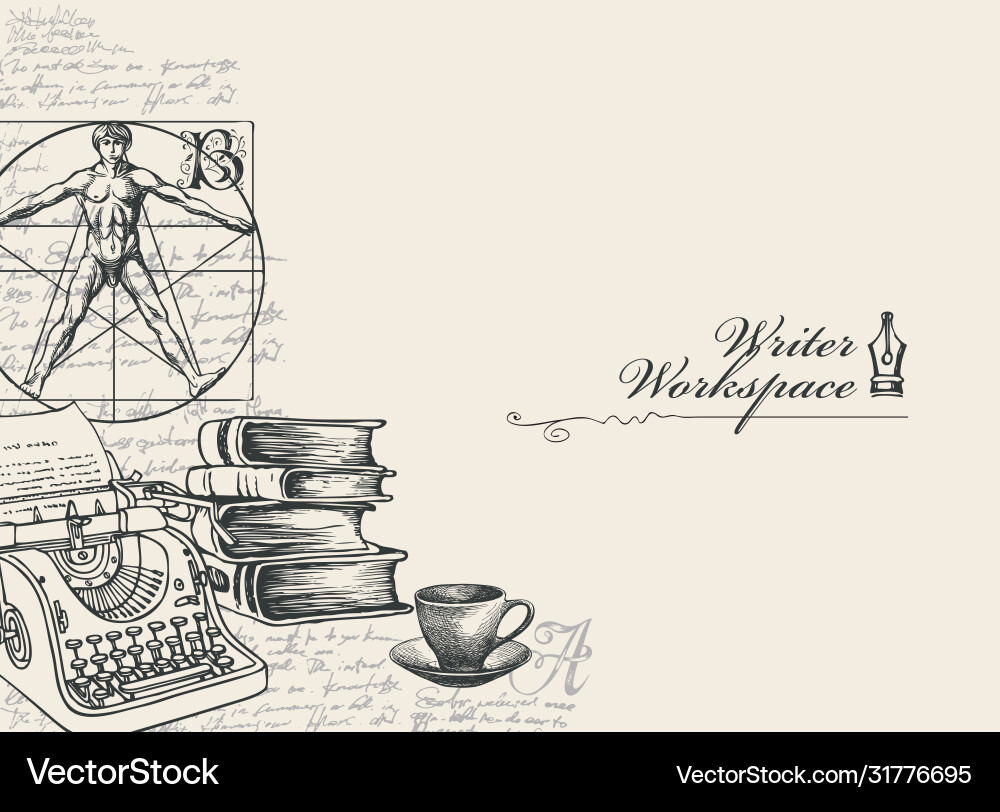 Writer workspace with sketches and place for text Vector Image