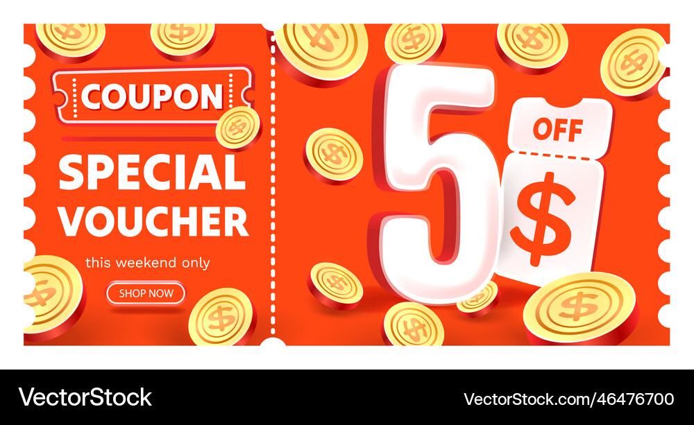 Coupon special voucher 5 dollar check banner Vector Image
