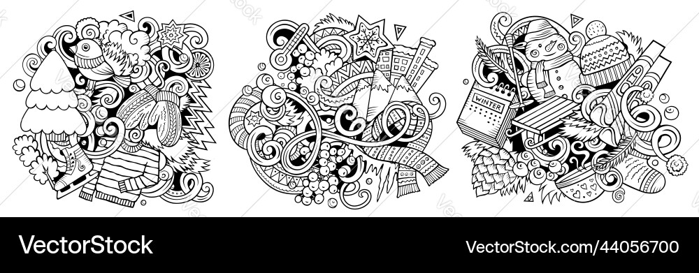 Winter cartoon doodle designs set Royalty Free Vector Image