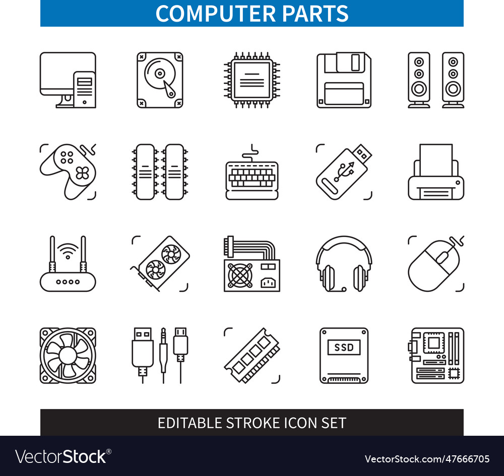 Computer parts editable stroke icon set Royalty Free Vector