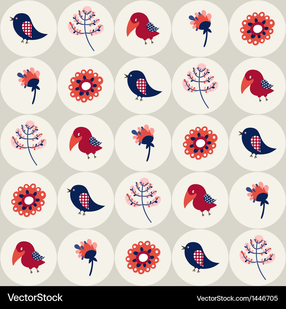 Seamless pattern with birds and flowers in circles