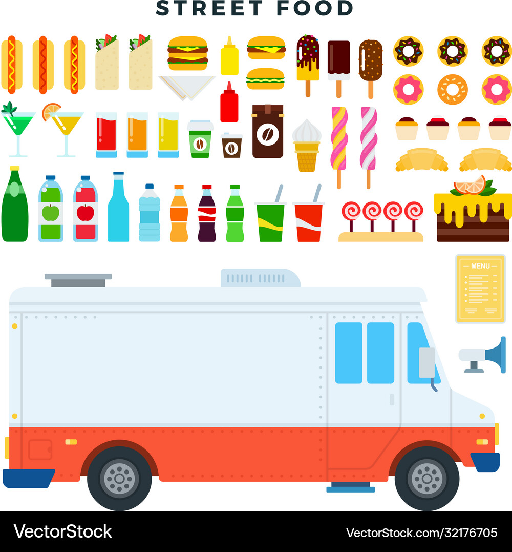 Street food set elements in a flat style Vector Image
