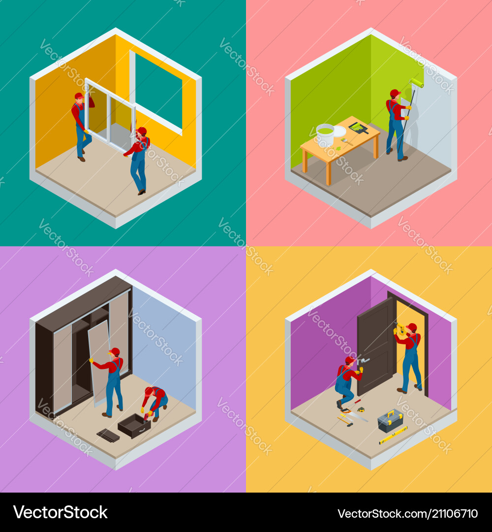 Home repair isometric concept set with workers Vector Image