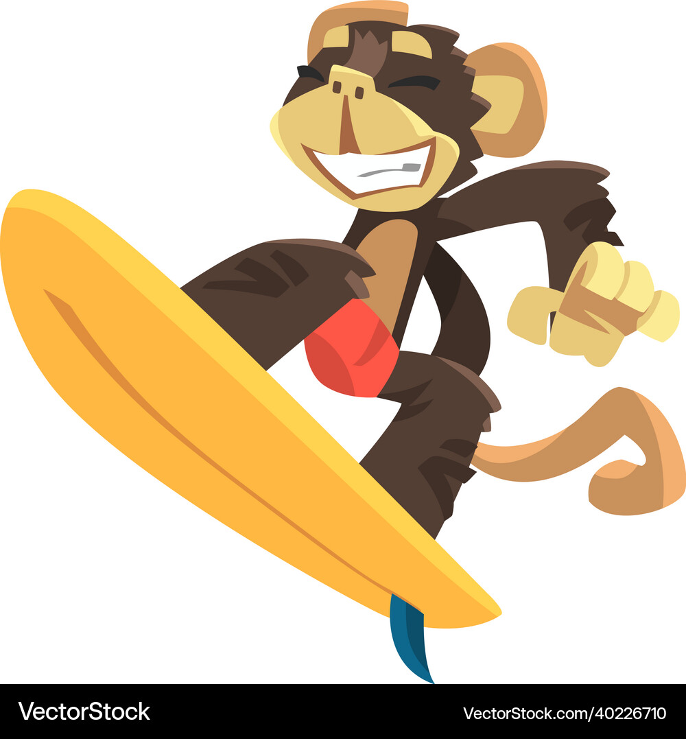 Monkey in swimming trunks on surfboard riding wave