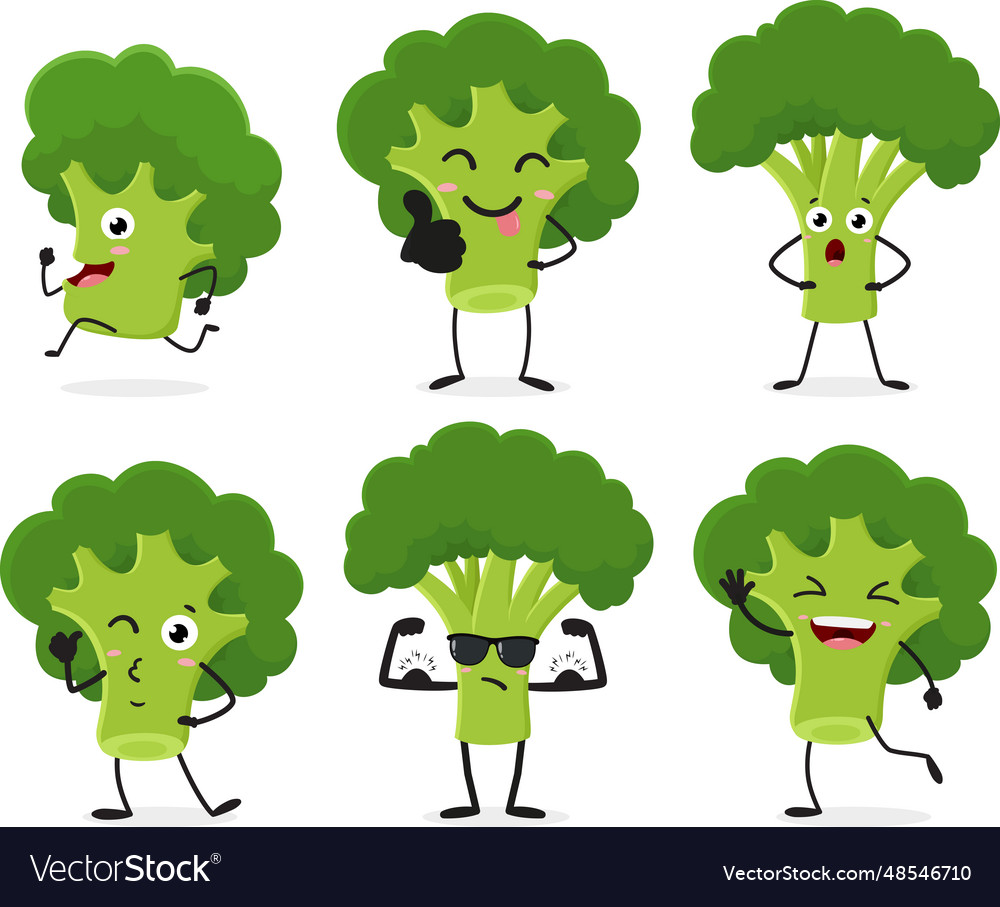 Set of cartoon broccoli vegetables characters Vector Image