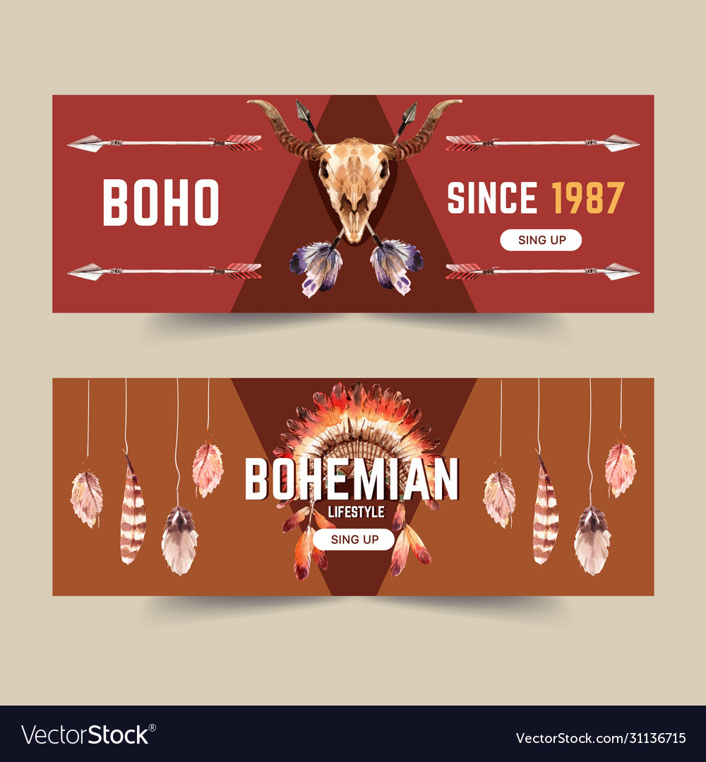 Bohemian banner design with cow skull feather Vector Image