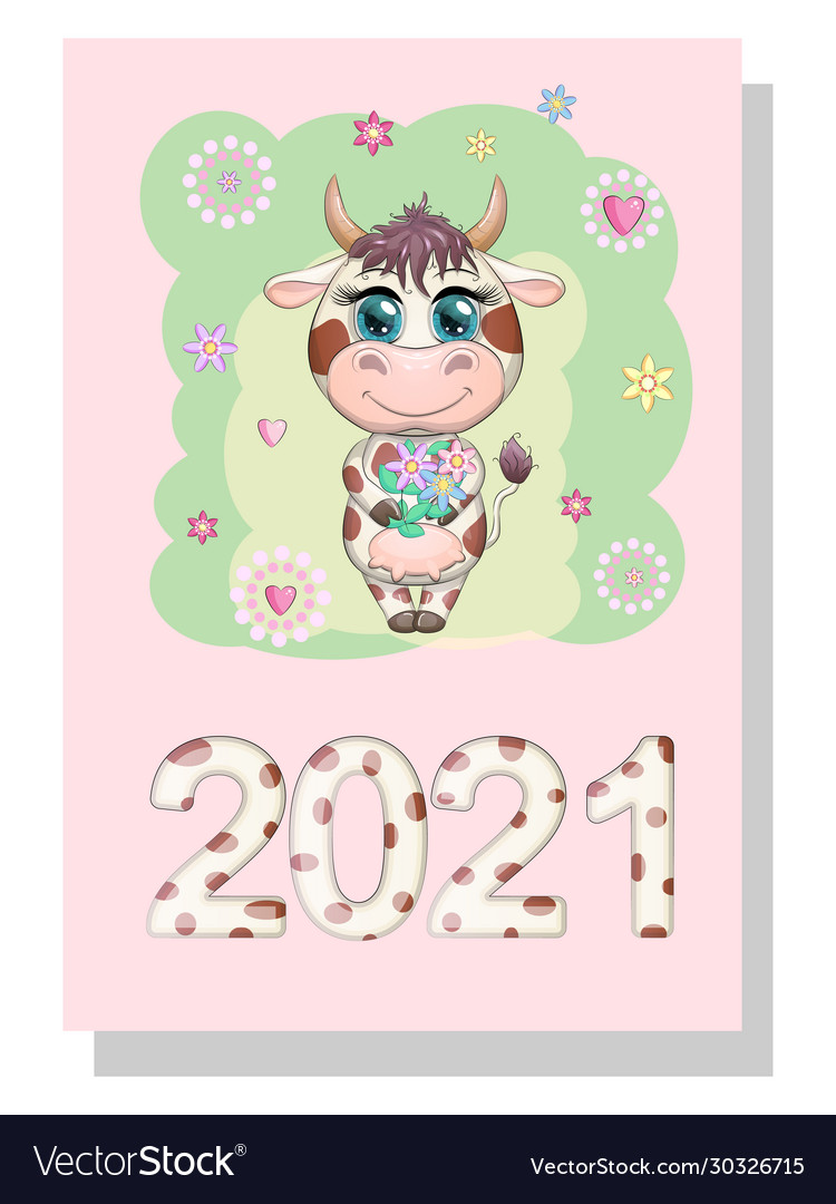 Calendar 2021 cute bull and cow for every month Vector Image
