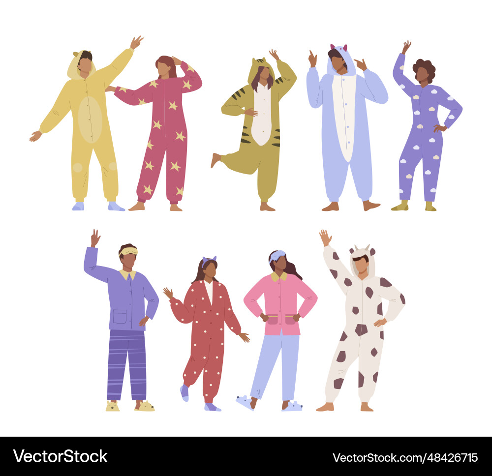 Pajama party characters people dressed Royalty Free Vector